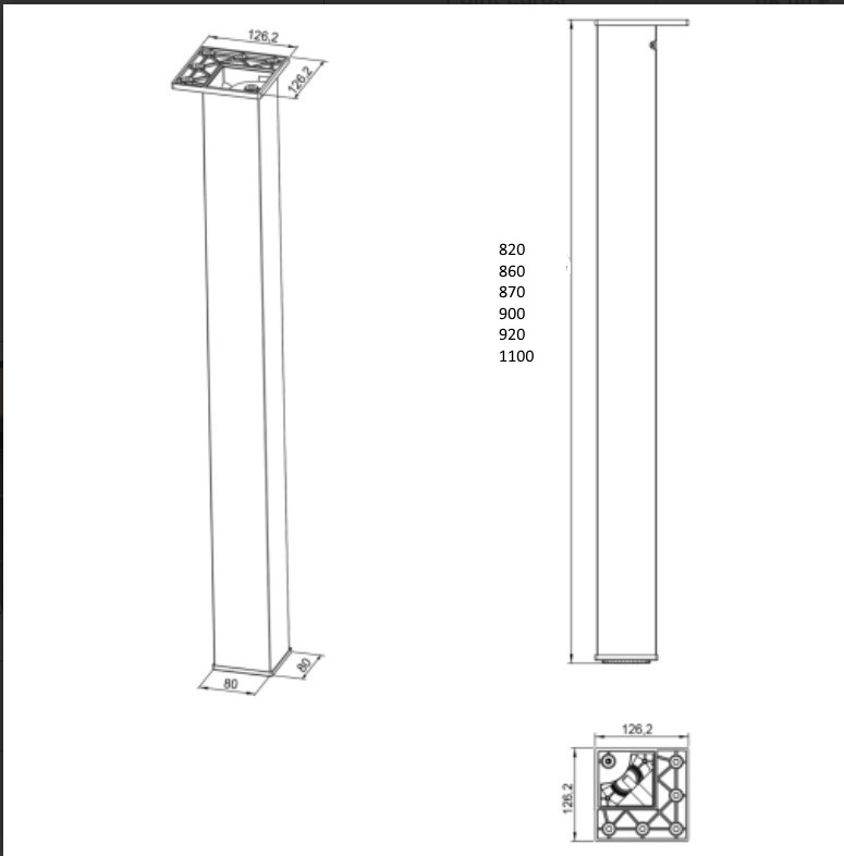 PIED de SNACK CARRE 80mm en Acier